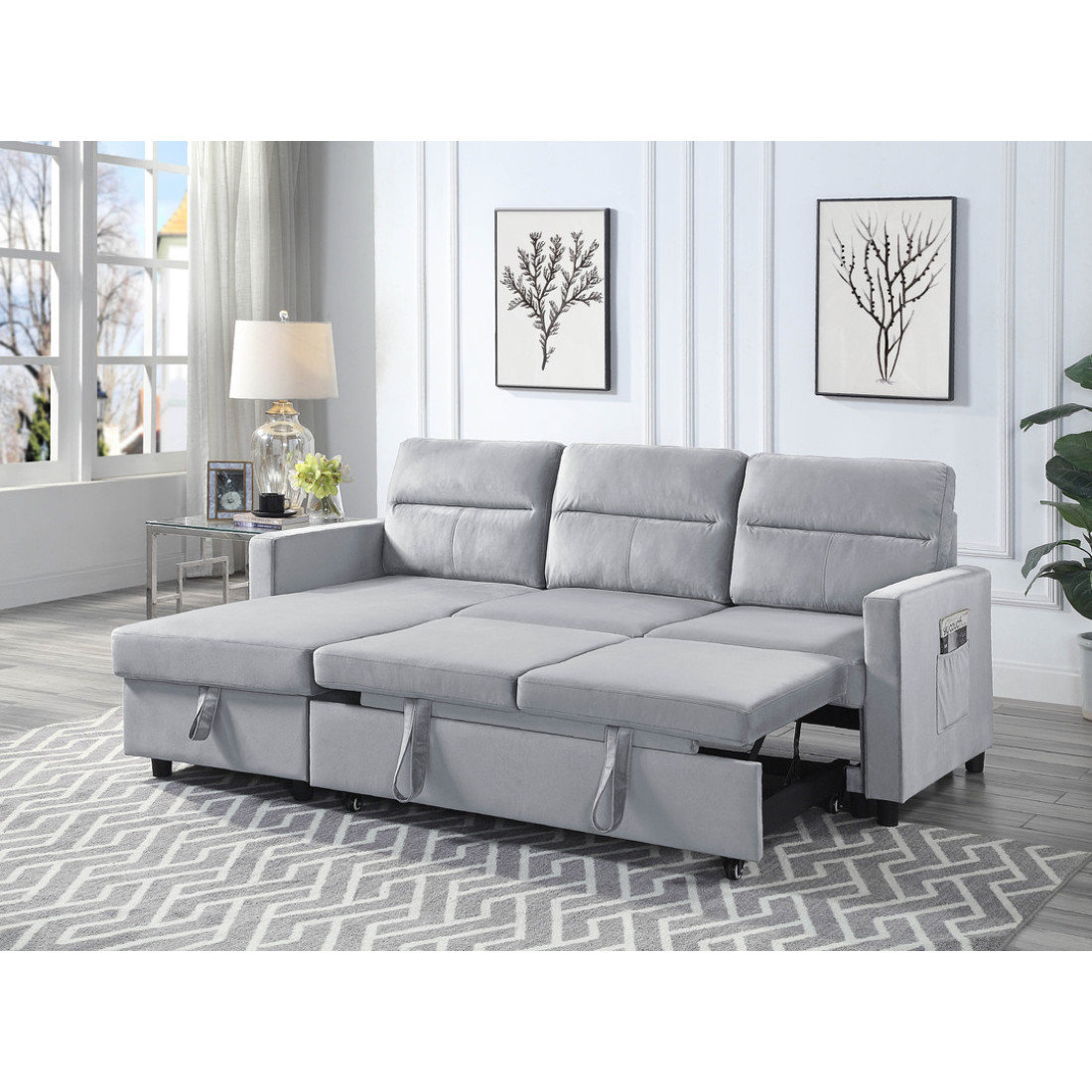 Mercer41 Modern Sofa Ruby 81.5" Velvet Reversible Sleeper Sectional Sofa With Storage Chaise And ...